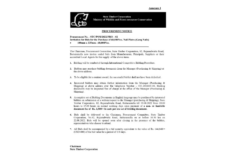 105 - PROCUREMENT NOTICE FROM STATE TIMBER CORPORATION